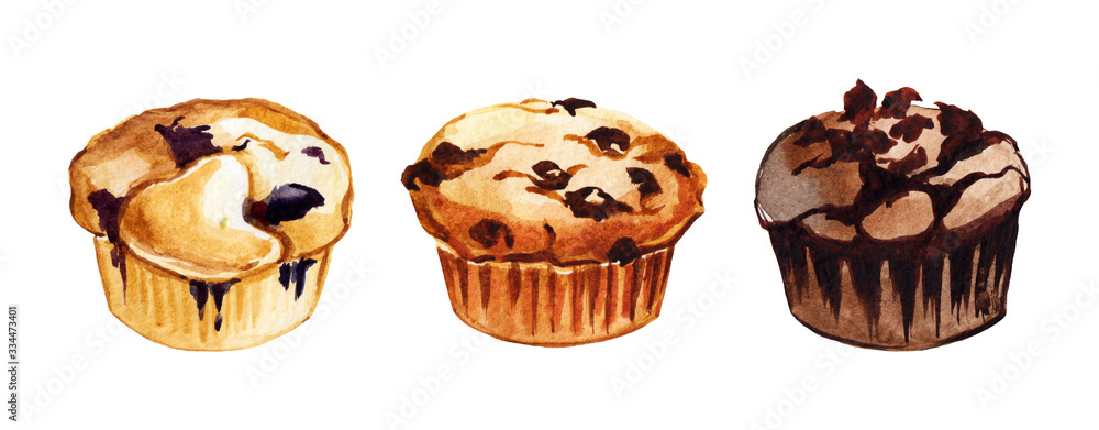 Watercolor hand drawn different muffins illustration set isolated on ...