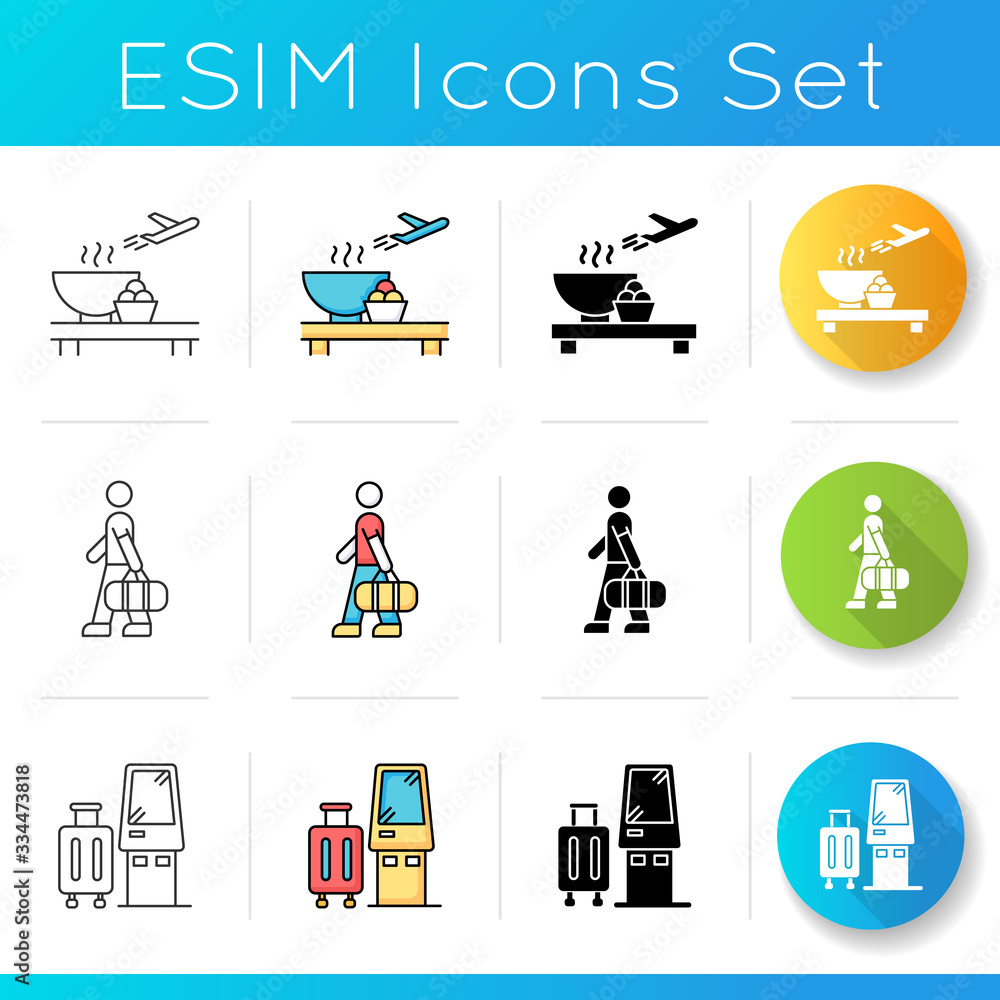 Airport terminal icons set. Serving food in aircraft terminal cafe. Eat ...