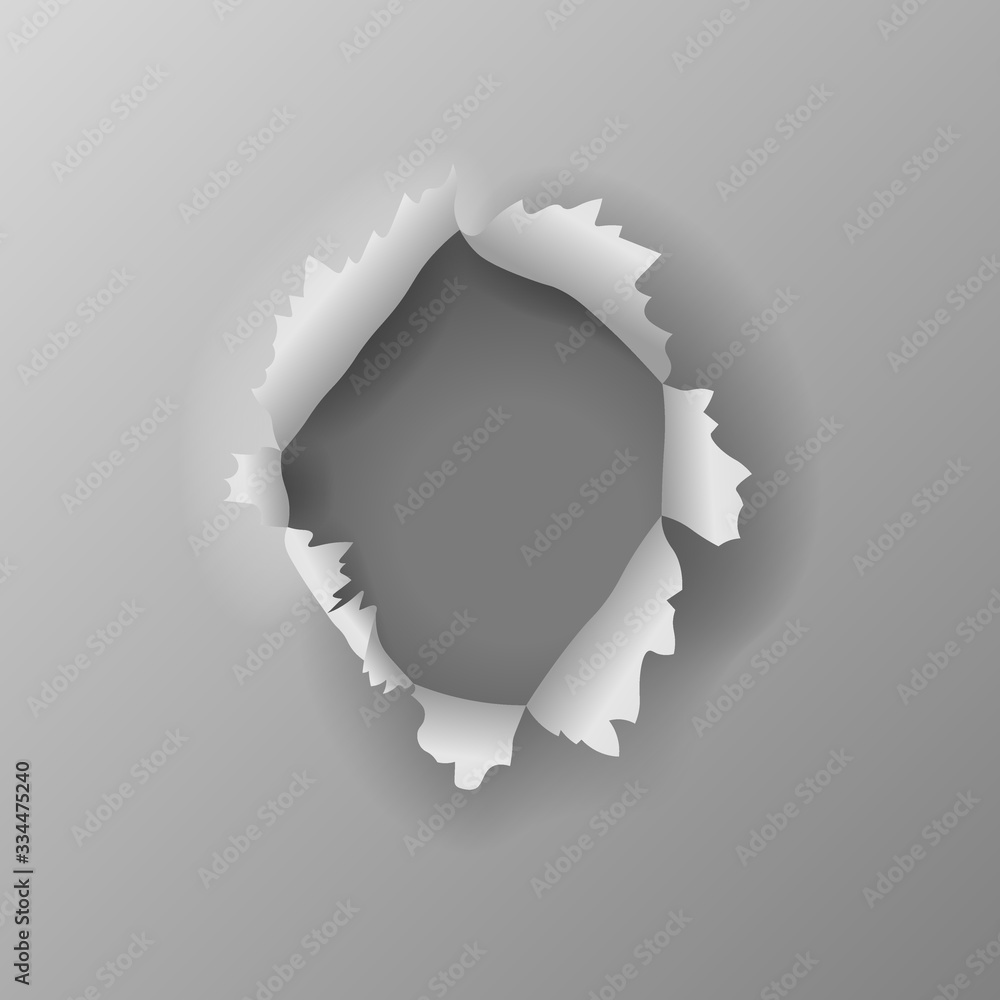 Realistic torn grey paper page, round hole with jagged edges in sheet ...