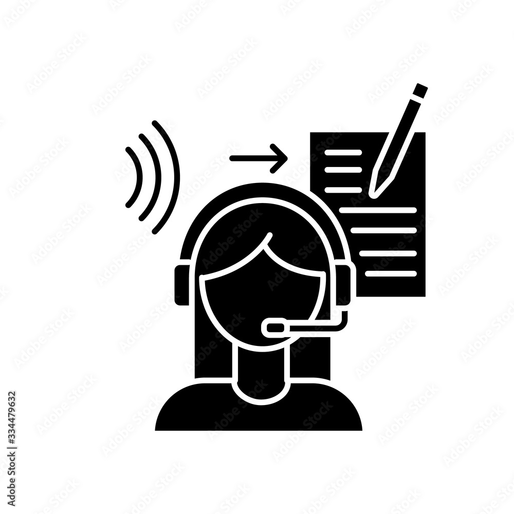 Transcription black glyph icon. Listening and translation, foreign ...