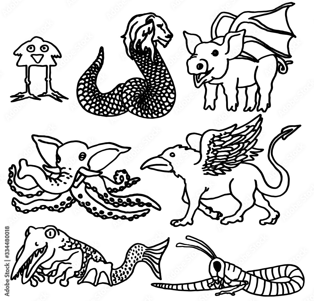 fictional mythical creatures and animals - vector illustration Stock ...