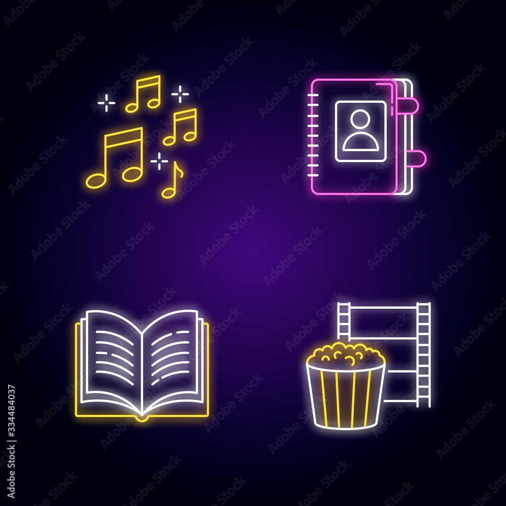 Recreation neon light icons set. Musical notation. Sound notes ...