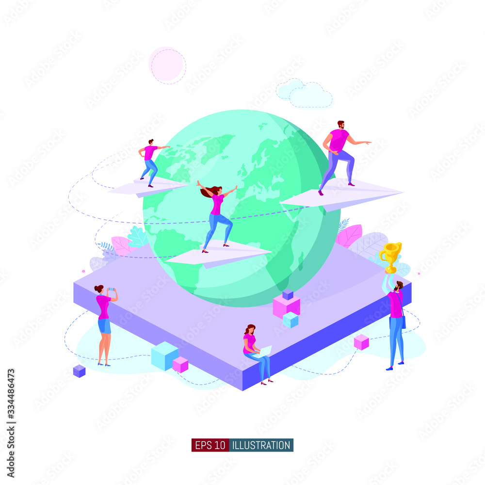 Isometric illustration. People fly on paper planes around the Earth ...