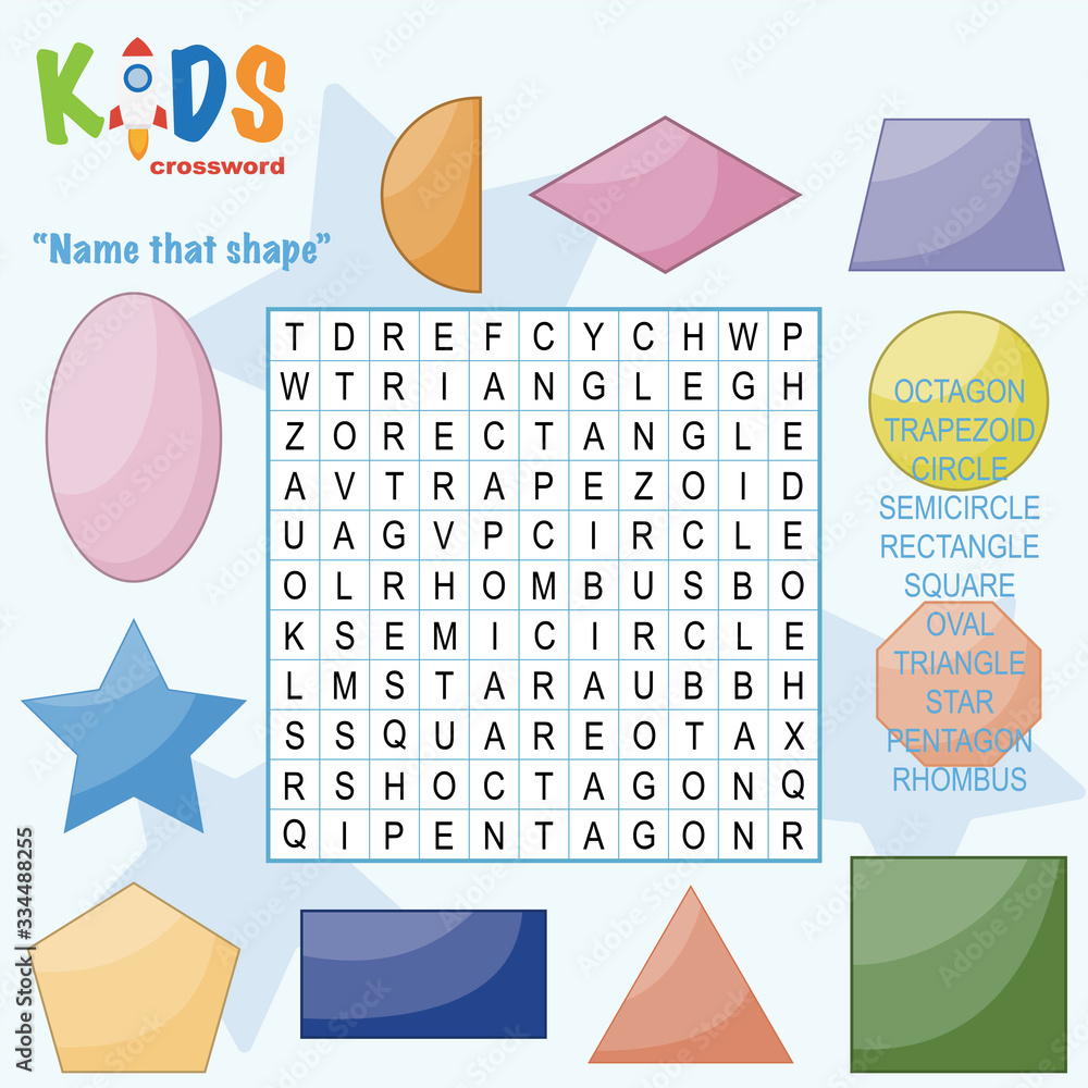 Easy word search crossword puzzle 'Name that shape', for children in ...