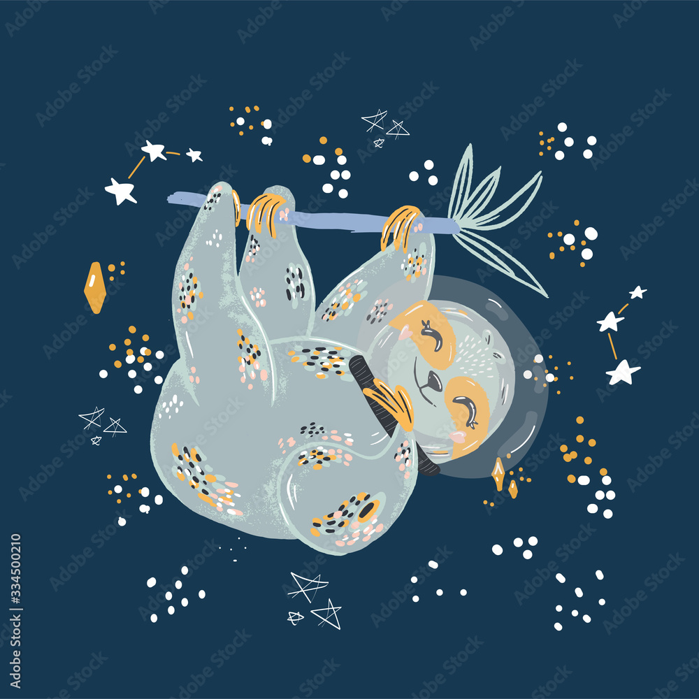 Cute sloth in space flat vector illustration. Sloth flat hand drawn ...