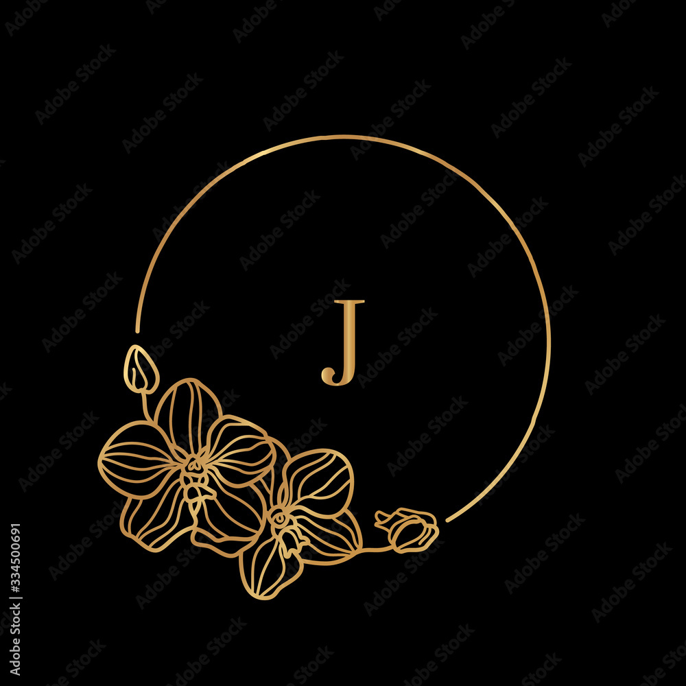 Gold frame template Orchid Flower and monogram concept with the letter ...
