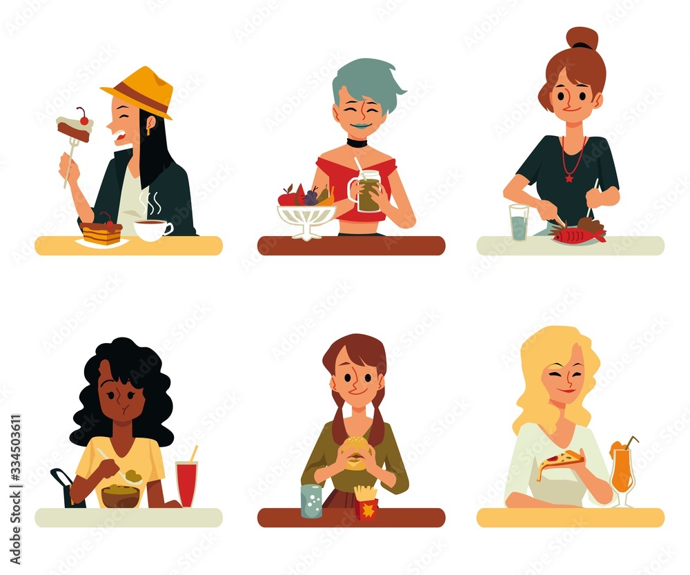 Set of women cartoon characters eating meals, flat vector illustration ...