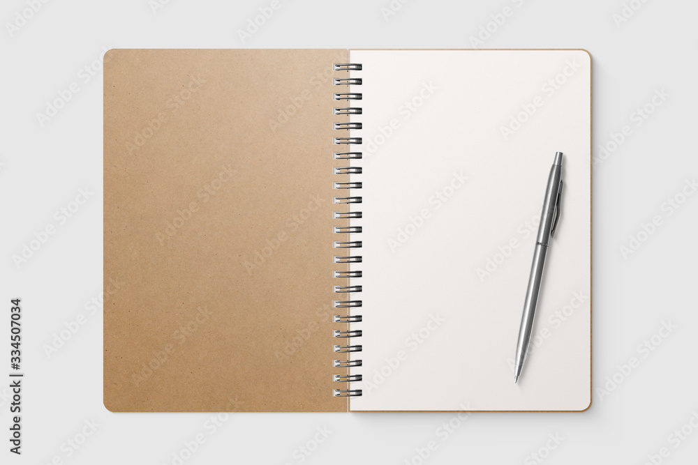 Real photo, blank spiral bound notepad mockup template with Kraft Paper ...