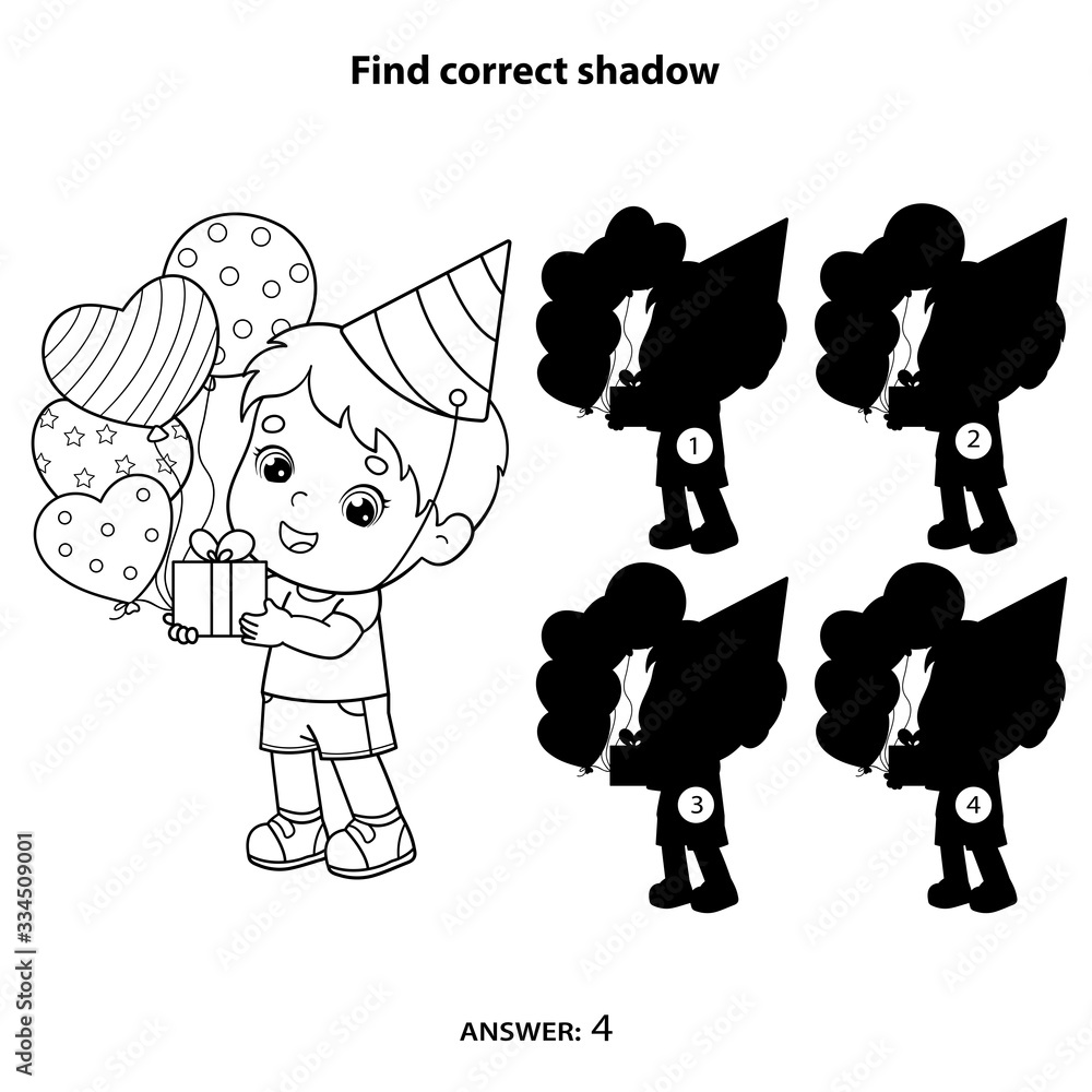 Puzzle Game for kids. Find correct shadow. Coloring Page Outline Of a ...