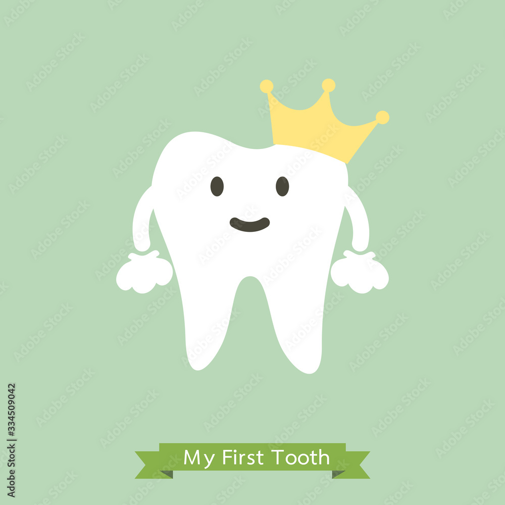 Baby first tooth, tooth is wearing golden crown - dental cartoon vector ...