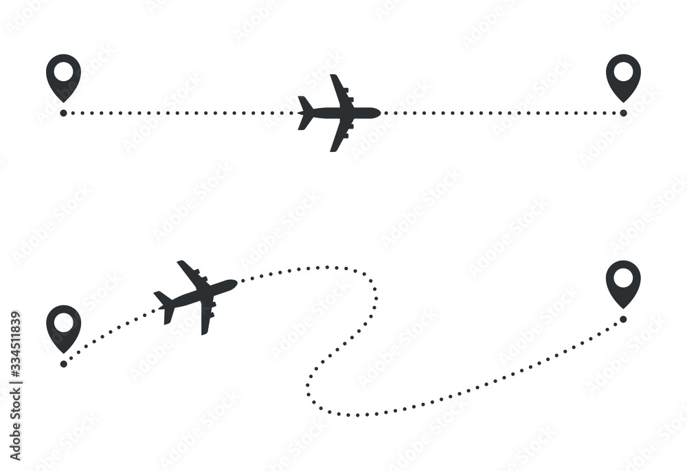 Airplane line path route. Straight and curved flight lines. Vector icon ...