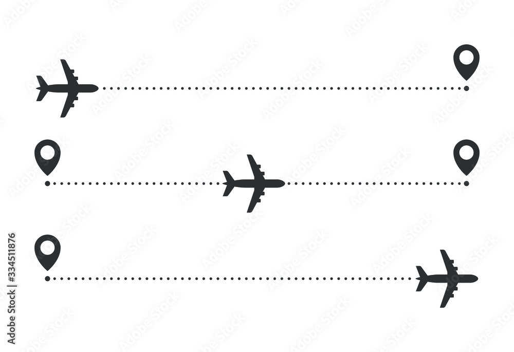 Airplane line path route. Start, middle and end of flight. Vector icon ...