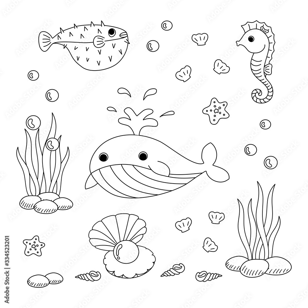 Hand draw doodle set of sea life, ocean animal character and aquatic ...