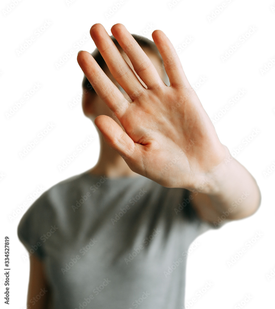 Stop domestic violence. The girl covers her face with her hand and asks ...