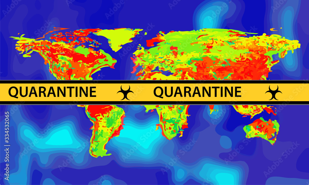 Illustration vector graphic of yellow quarantine tape on world map with ...