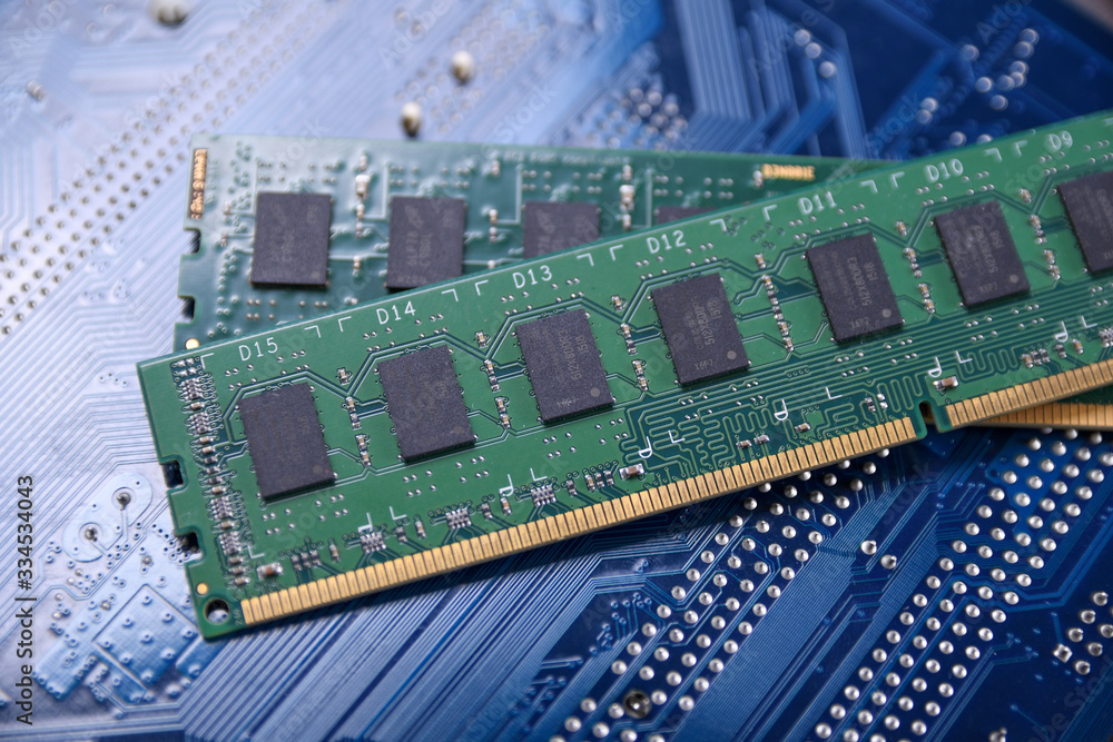 Computer memory RAM on motherboard background . Close up. system, main ...