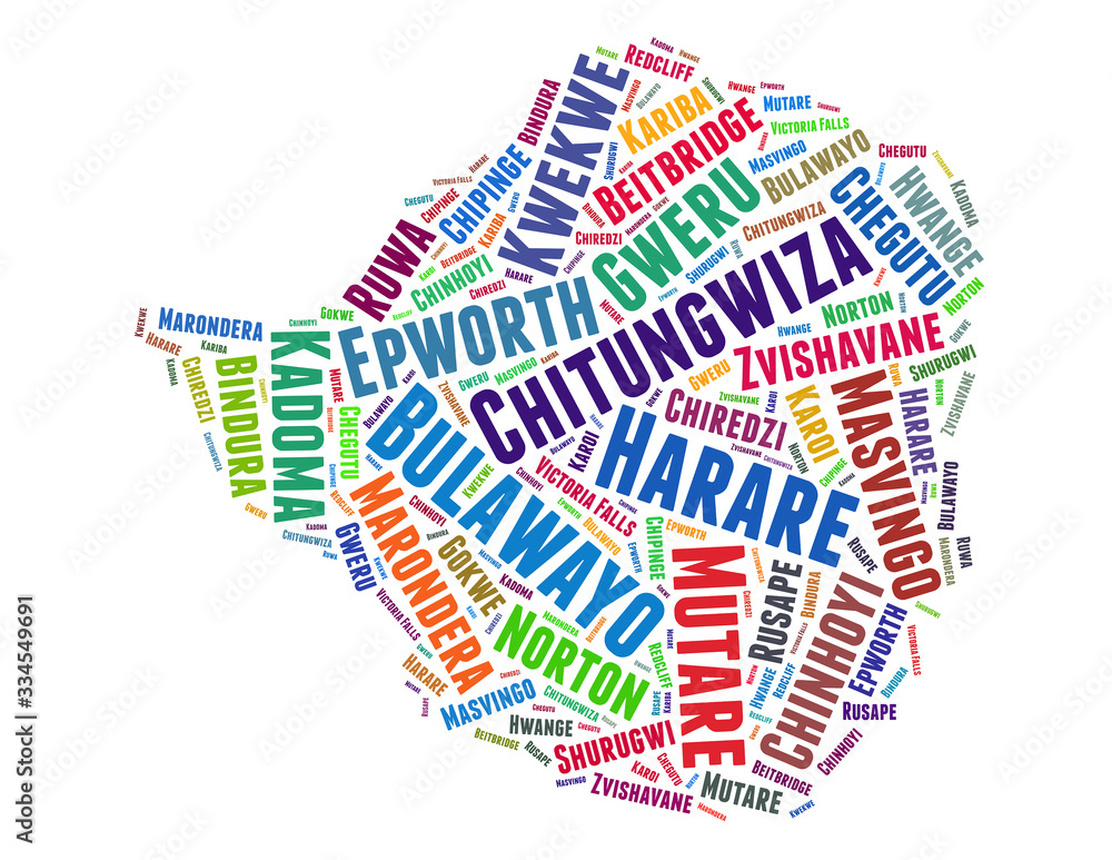 Zimbabwe map and list of cities word cloud concept Stock Illustration ...