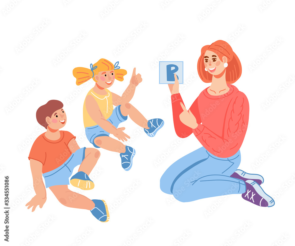 Lesson in kindergarten or primary school scene with children and ...