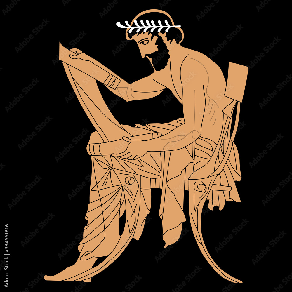 Seated ancient Greek man reading a scroll. Vase painting style ...
