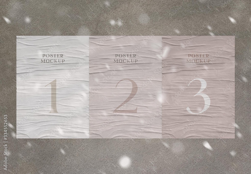 Three Outdoor Glued Posters on Grey Wall Mockup Stock Template | Adobe ...
