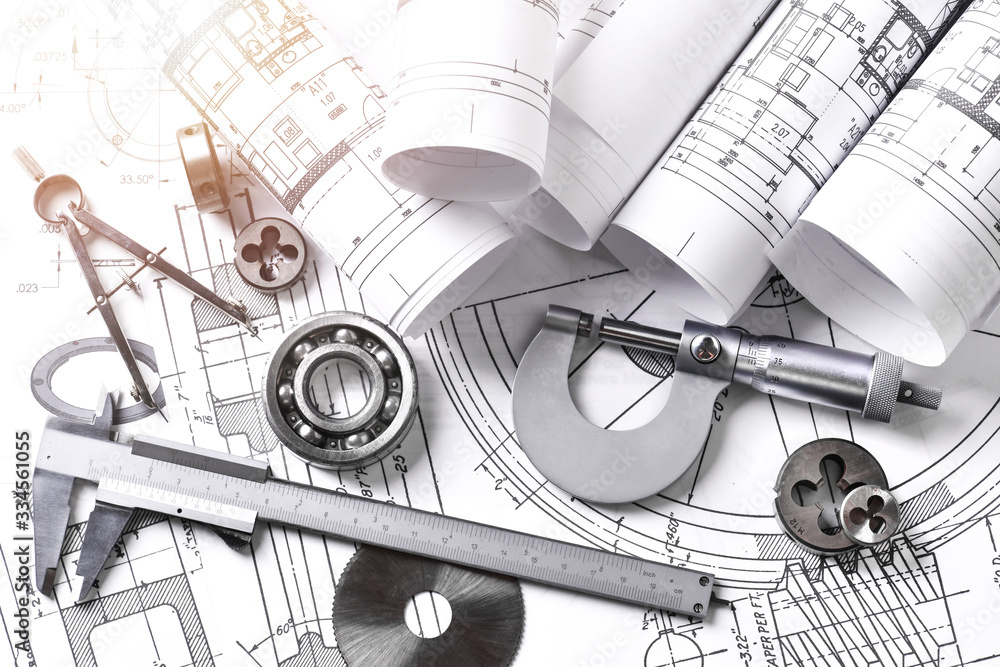 Technical drawings with measure tools. Pencil, measurement. Papers with ...