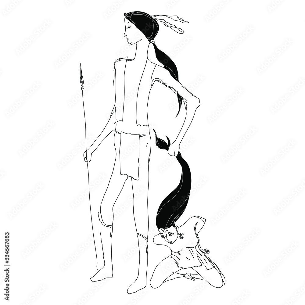 Isolated vector illustration. Native American Indian young warrior and ...