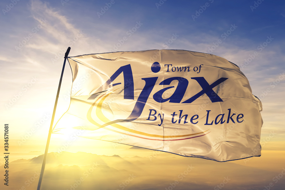 Ajax of Ontario of Canada flag waving on the top sunrise mist fog Stock ...
