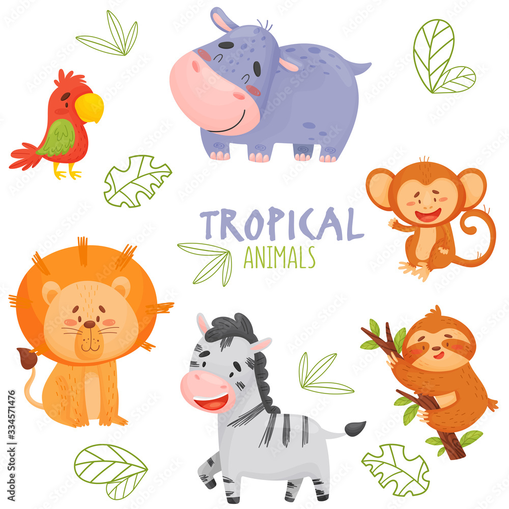 Color set cute tropical animals isolated background. The picture shows ...