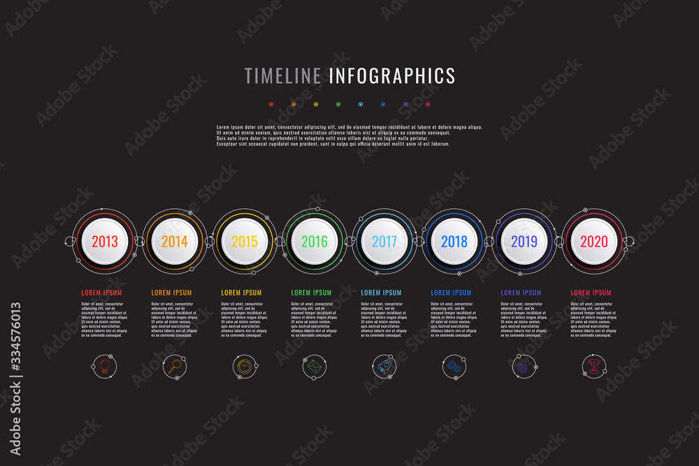 horizontal timeline infographic with white round elements, year ...