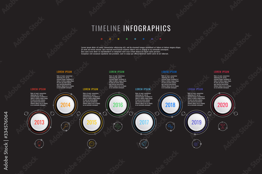 horizontal timeline infographic with white round elements, year ...