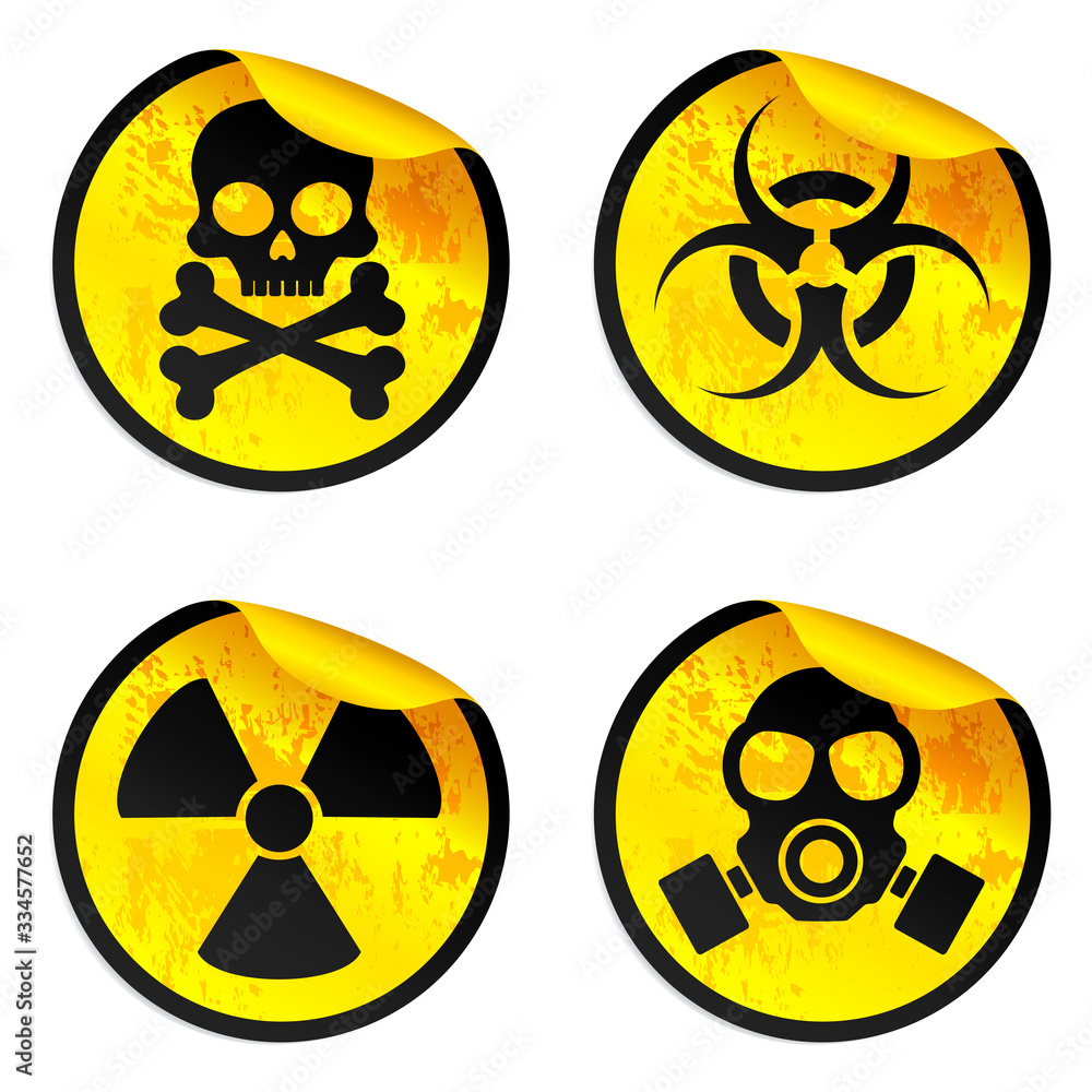 Danger yellow stickers set. Radiation warning sign, biohazard warning ...