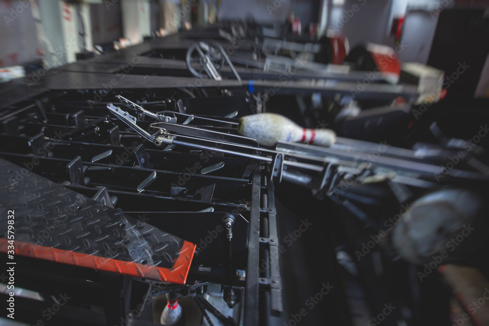 Bowling pinsetter machine, behind the bowling alley, pinspotter ...