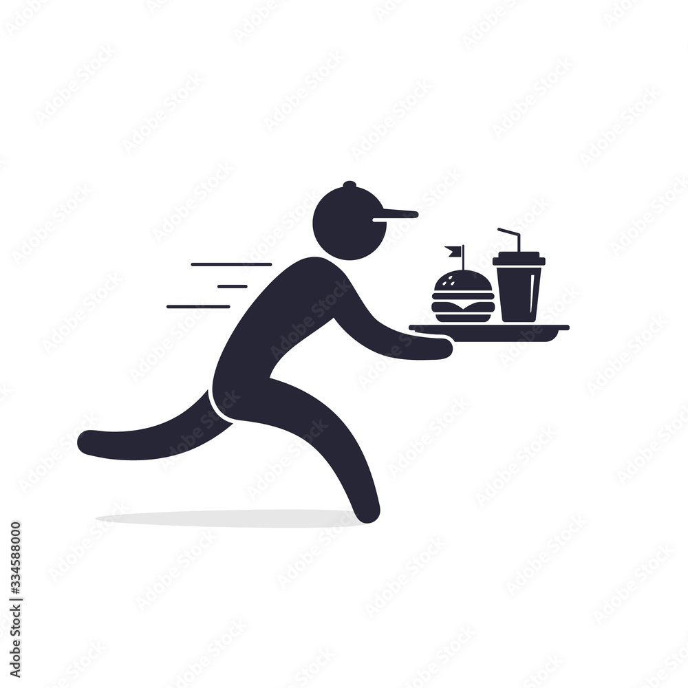 Fast food delivery icon, running Waiter Holding a Tray of Fast Food ...