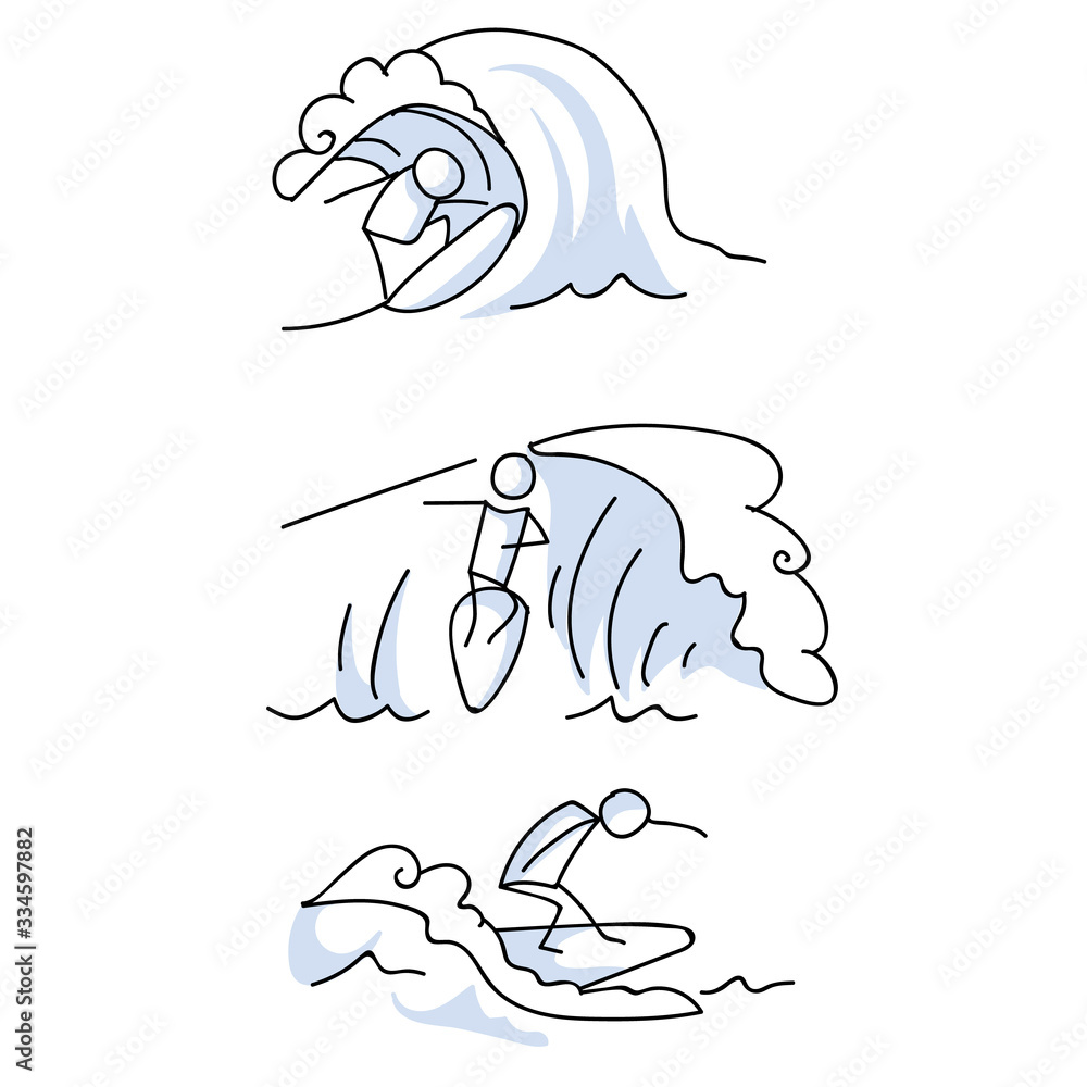 Cute stick figure surfing set on ocean wave vector clipart. Hawaiian ...