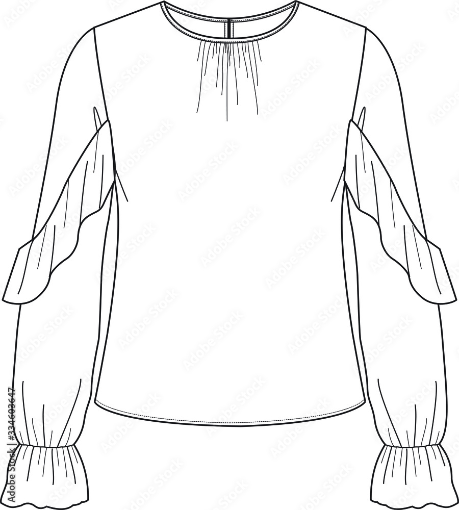 BLOUSE design,Fashion Flat Sketch, apparel template.Ruffle trims top ...