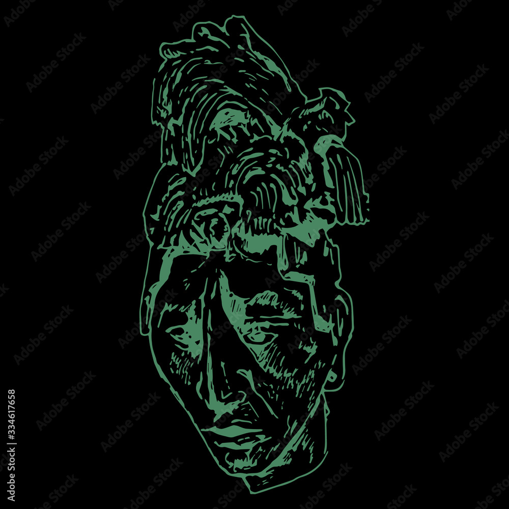 Vetor de Sculpture head portrait of Mayan king Pakal from Palenque. Pre ...