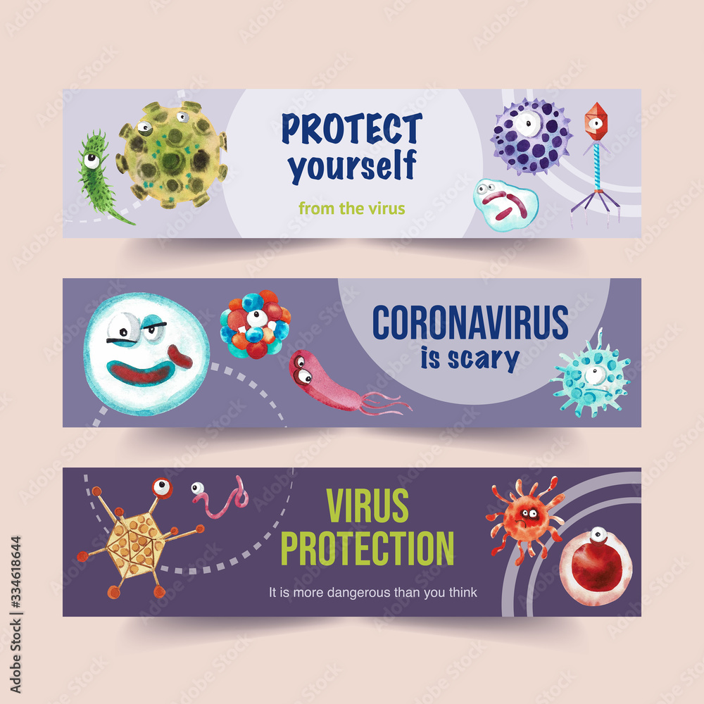 Virus banner design with watercolor painting of various viruses ...