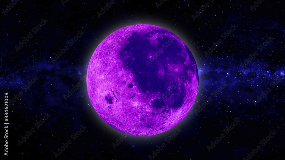 Full pink and blue moon with star at dark night sky background. 3D ...