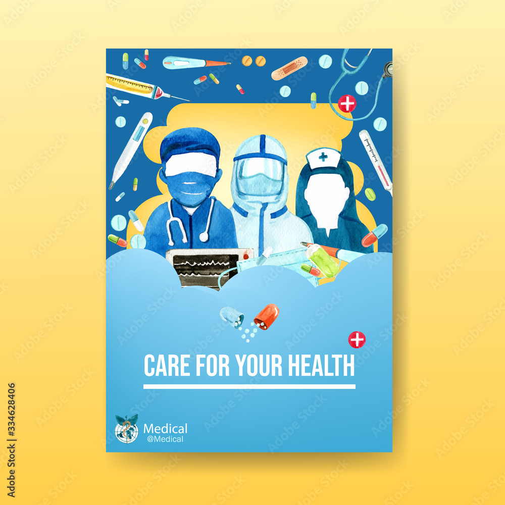 Medical poster design with watercolor painting of doctor, nurse ...