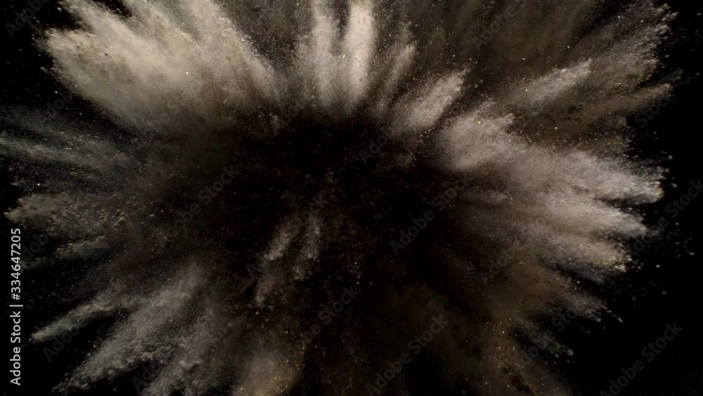 In real slow motion footage against a black background, a light grey ...