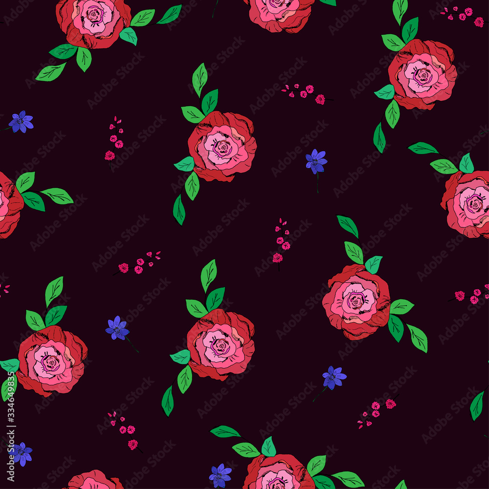 Seamless floral pattern of roses and flowers. Vector repeating flower ...