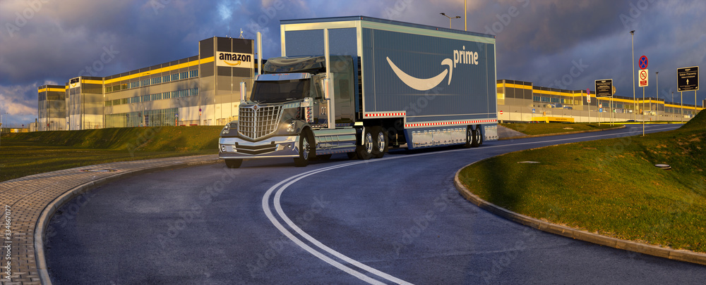 American truck with a semi-trailer with the Amazon logo in the Amazon ...