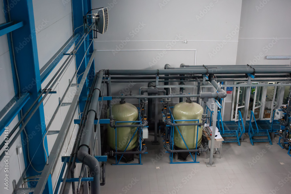 Drinking water factory or plant production, industrial interior. Large ...