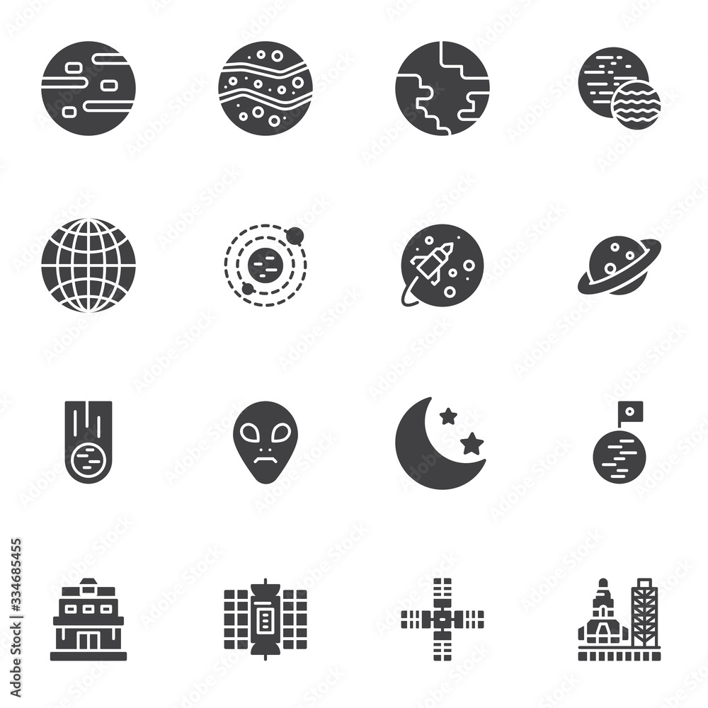 Space objects vector icons set, modern solid symbol collection, filled ...