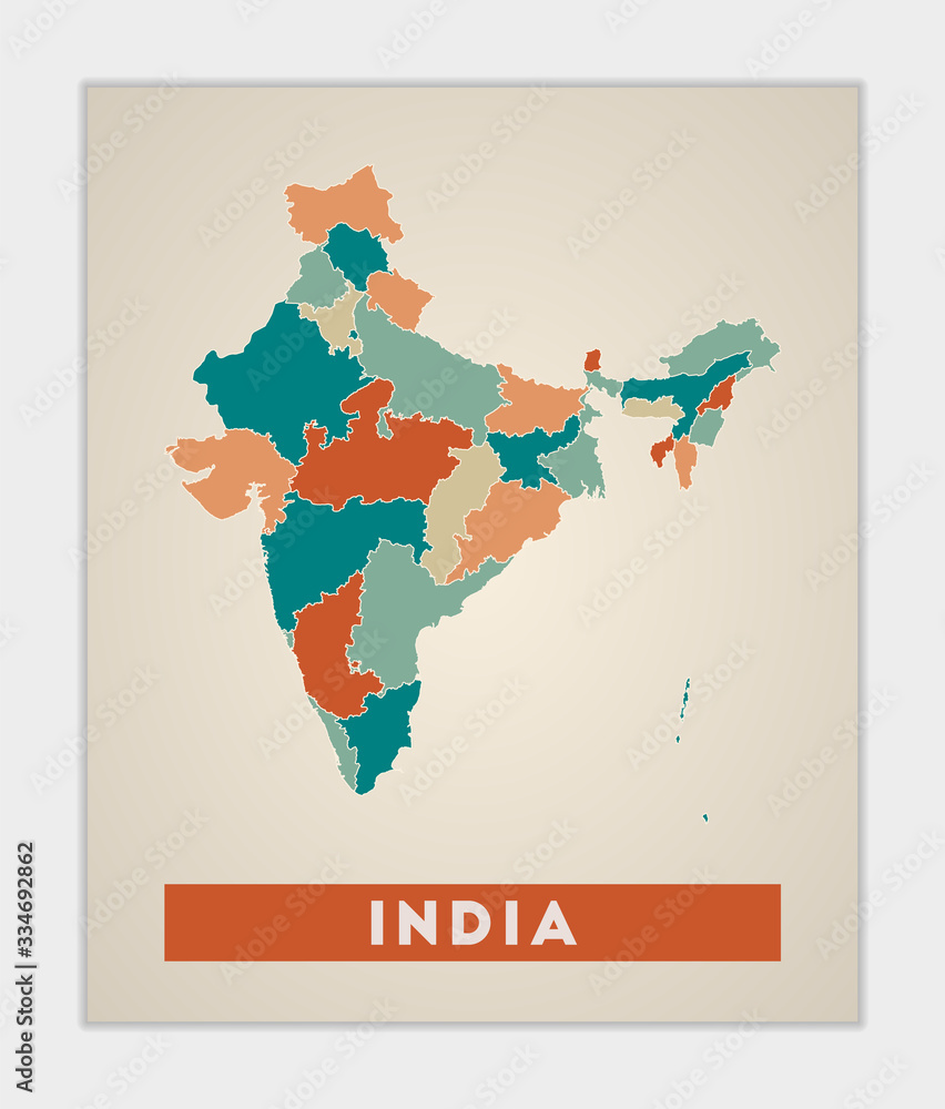 India poster. Map of the country with colorful regions. Shape of India ...