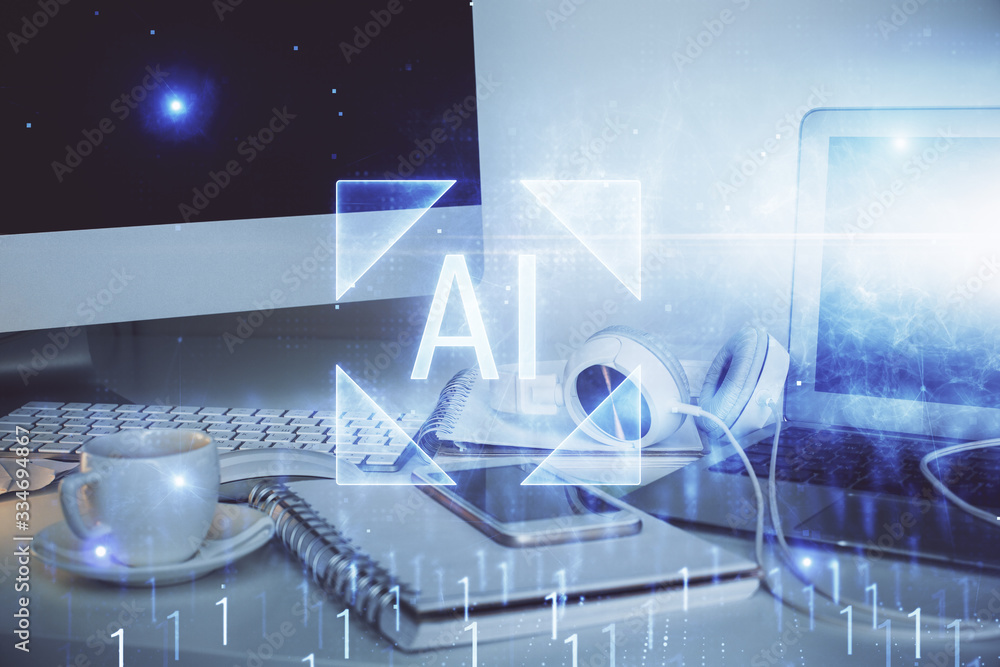 Technology theme drawing and work space with computer. Multi exposure ...