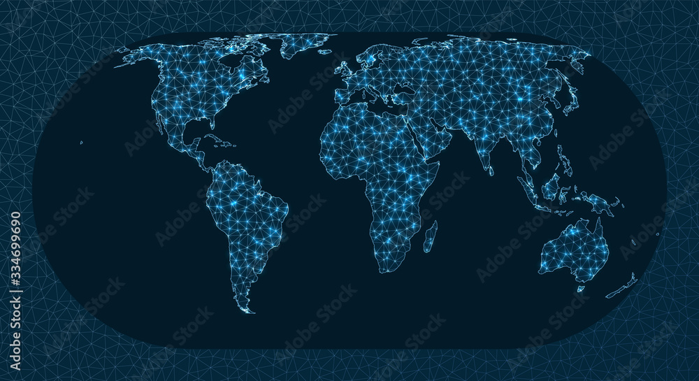 Abstract telecommunication world map. Eckert 4 projection. World ...