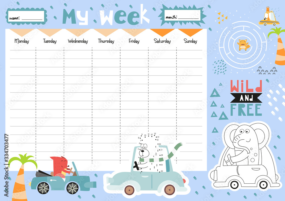 Weekly planner with Kids transport set and cute animals in doodle ...