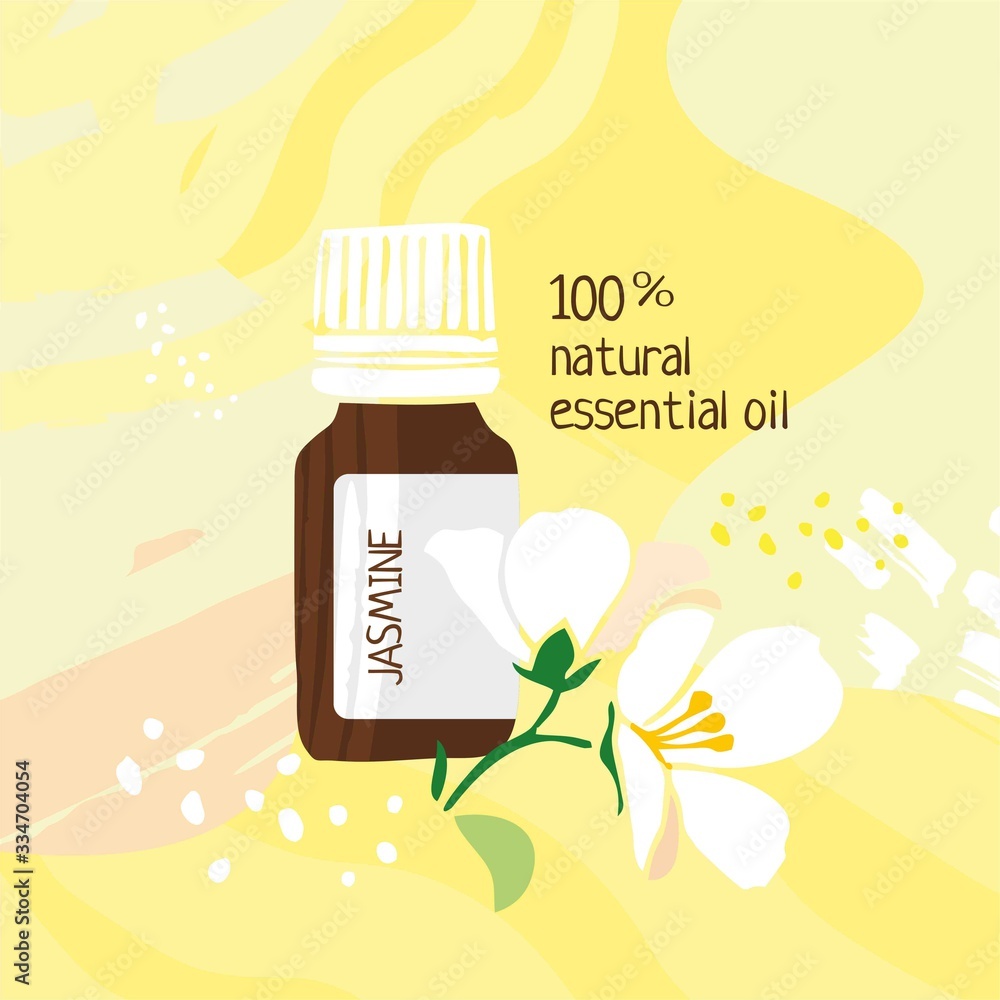 Jar with jasmine essential oil on an yellow abstract background. Poster ...
