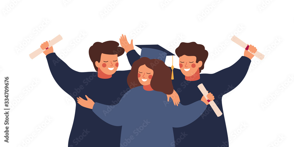 Vektorová grafika „Happy graduated students wearing academic gown hold ...